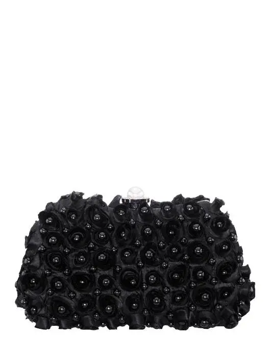 Nina Paloma Rosette Imitation Pearl Frame Clutch - Black