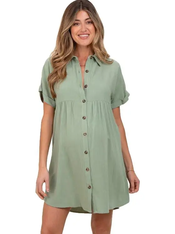 PINKBLUSH Dolman Sleeve Linen Shirt Dress - Light Olive