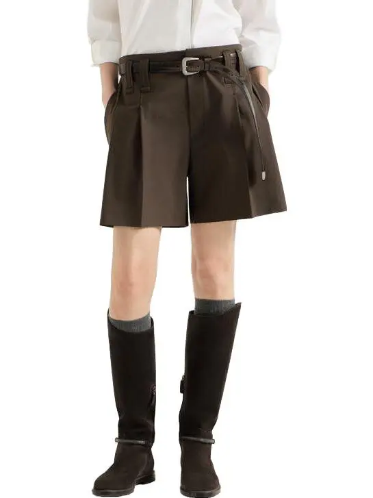 Brunello Cucinelli Tropical Luxury Wool Formal Shorts With Monili Detailing - Coffee