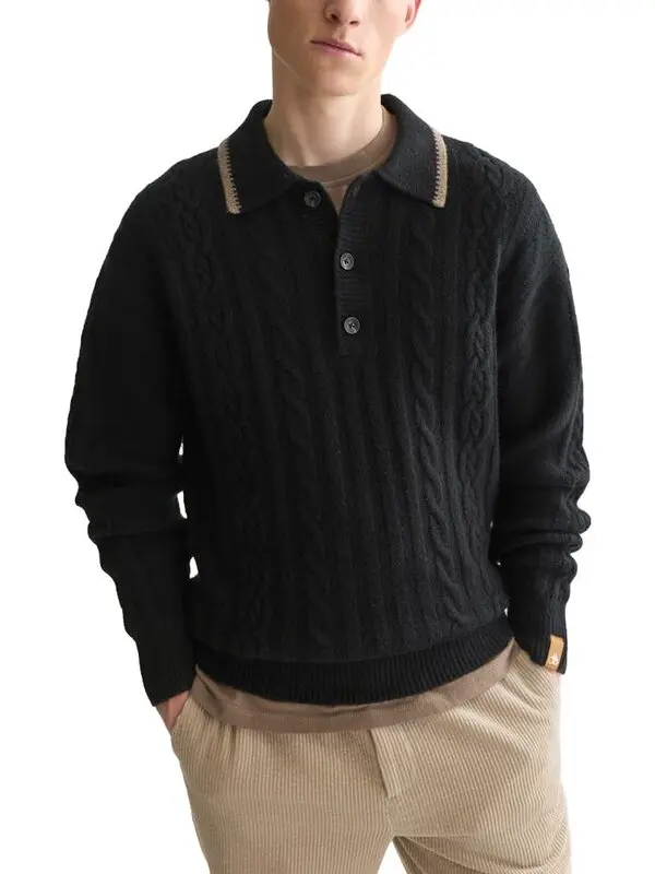 Scotch & Soda Cable Knit Polo Sweater With Tipped Collar - Meteorite