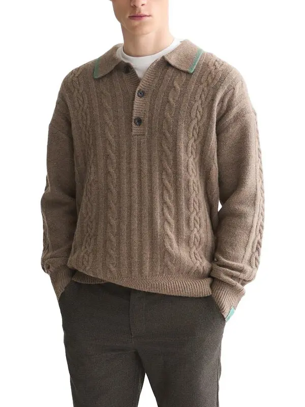 Scotch & Soda Cable Knit Polo Sweater With Tipped Collar - Walnut