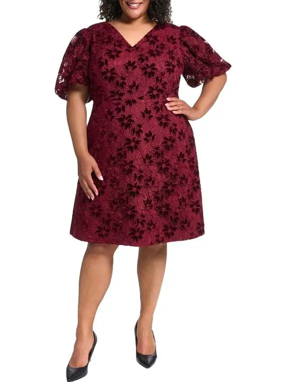 Eliza J A-line Lace & Velvet Dress With Puff Sleeves - Wine