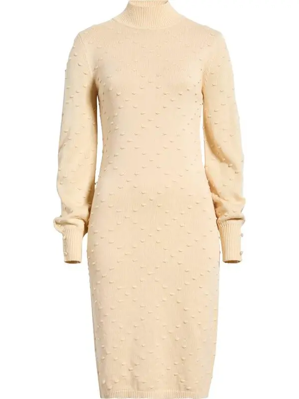 Anne Klein Bobble Diamond Stitch Long Sleeve Sweater Dress - Macadamia