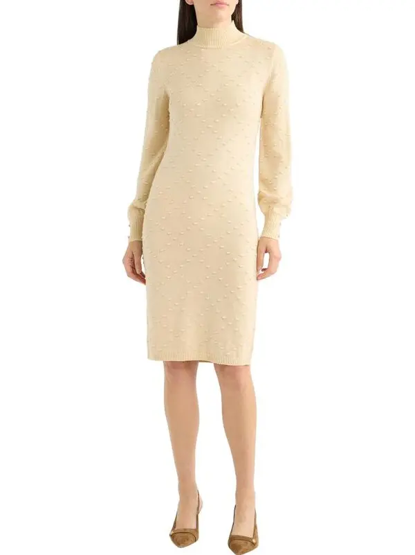 Anne Klein Bobble Diamond Stitch Long Sleeve Sweater Dress - Macadamia