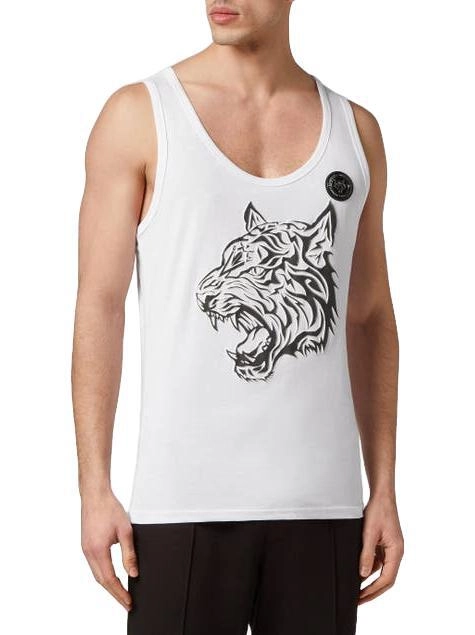 PLEIN SPORT Sleeveless Tiger Print Tank Top - White/black