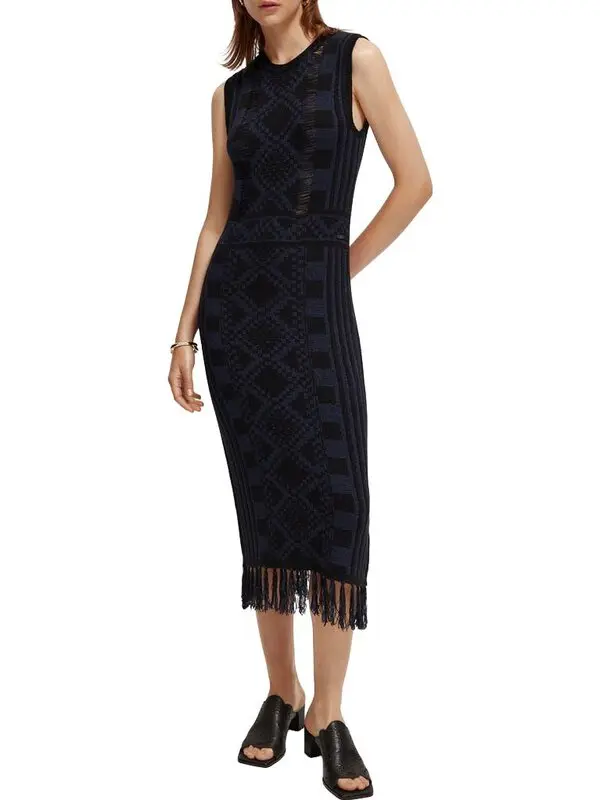 Scotch & Soda Geo Jacquard Sleeveless Sweater Dress With Fringe Hem - Night
