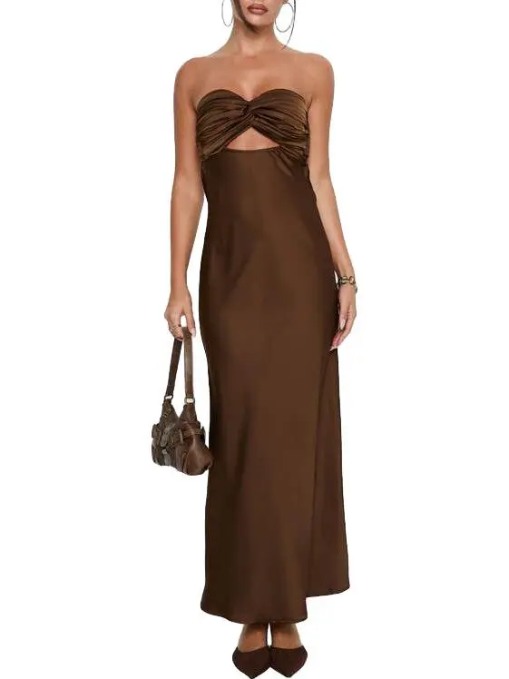 Princess Polly Faviola Strapless Satin Maxi Dress - Chocolate