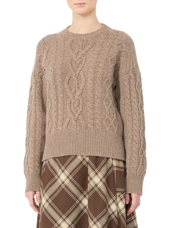 Max Mara Virgin Wool Cable Knit Crewneck Sweater - Hazelnut Brown