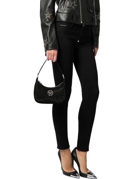 Philipp Plein Suede Shoulder Bag With All-over Strass Embellishment - Black