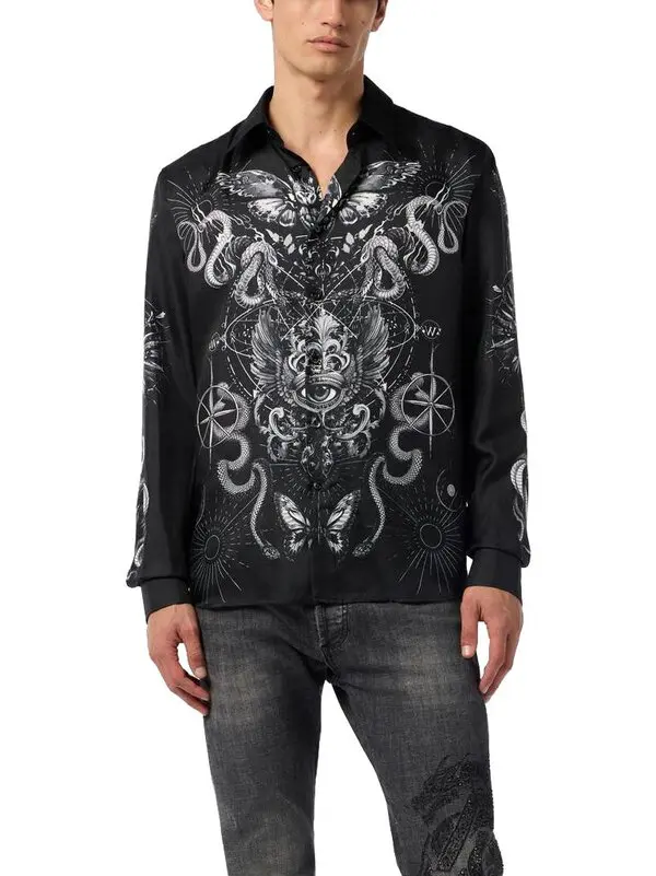 Philipp Plein Silk Shirt All-over Tattoo - Black