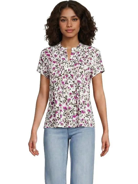 LANDS' END Tall Lightweight Jersey Button Pintuck Top With Ruffle Hem - Ivory/pink Hydrangea