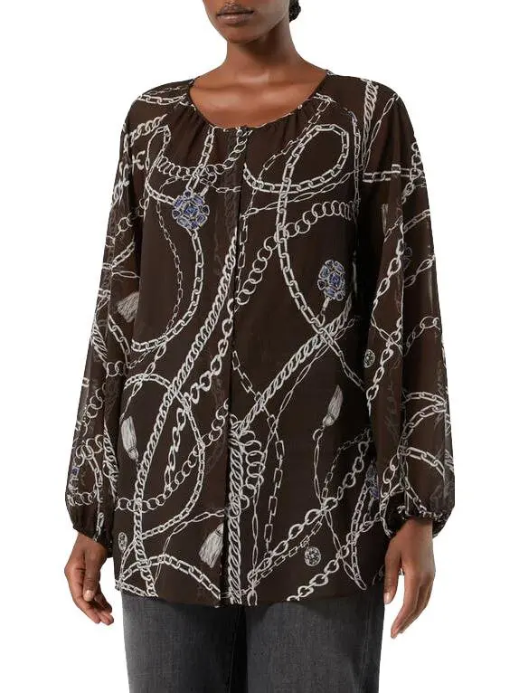 Marina Rinaldi Jewel Print Long Sleeve Georgette Tunic - Chocolate