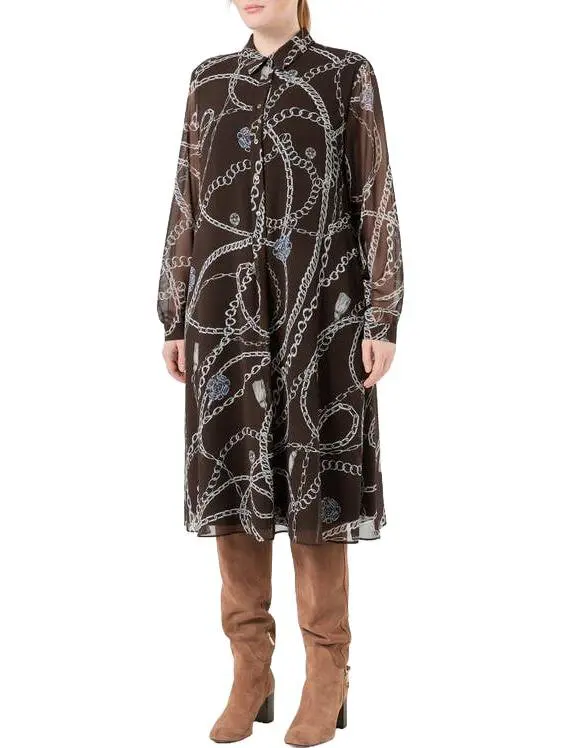 Marina Rinaldi Chain Print Long Sleeve Shirt Dress - Chocolate