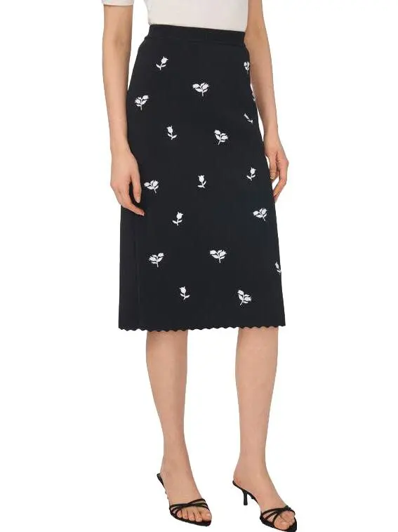 CECE DUPRAZ Embroidered Floral Midi Skirt With Scalloped Hem - Rich Black