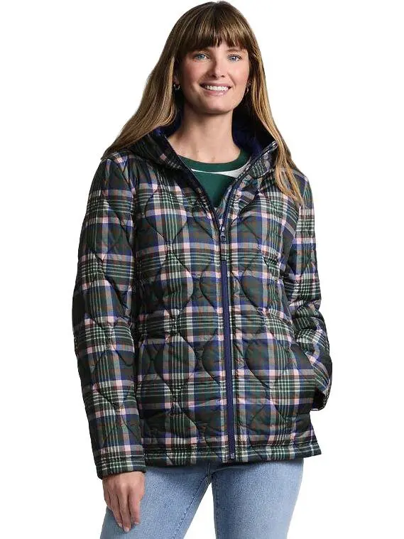 LANDS' END Tall Feather-free Quilted Insulated Jacket With Hood - Dark Walnut/pine Plaid