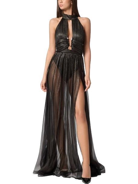 Philipp Plein Halterneck Gown With Plunging Neckline And Sheer Skirt - Silver