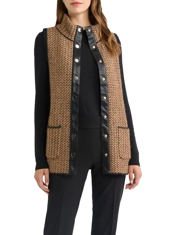 Anne Klein Metallic Boucle Knit Vest With Faux Leather Trim - Vicuna Multi