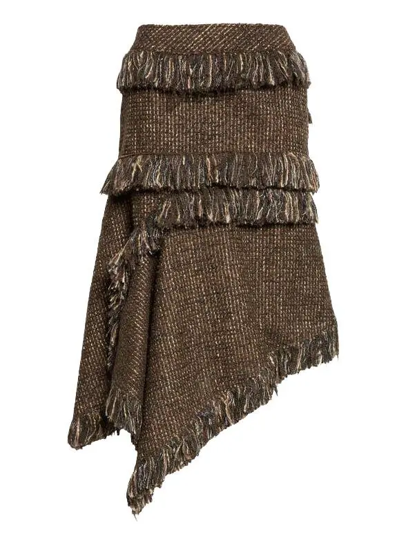 Sacai Fringe Asymmetric Wool Blend Tweed Skirt - Brown
