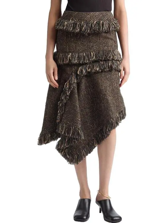Sacai Fringe Asymmetric Wool Blend Tweed Skirt - Brown