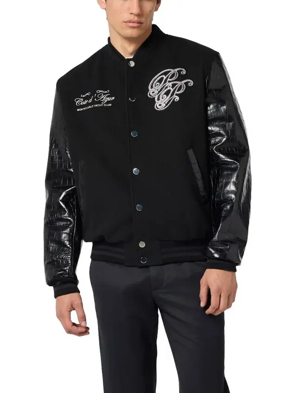 Philipp Plein Varsity Bomber Jacket With Teddy Bear Embroidery - Black
