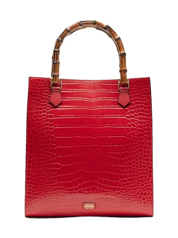 FRANCES VALENTINE Croc Embossed Leather Tote With Bamboo Handles - Red
