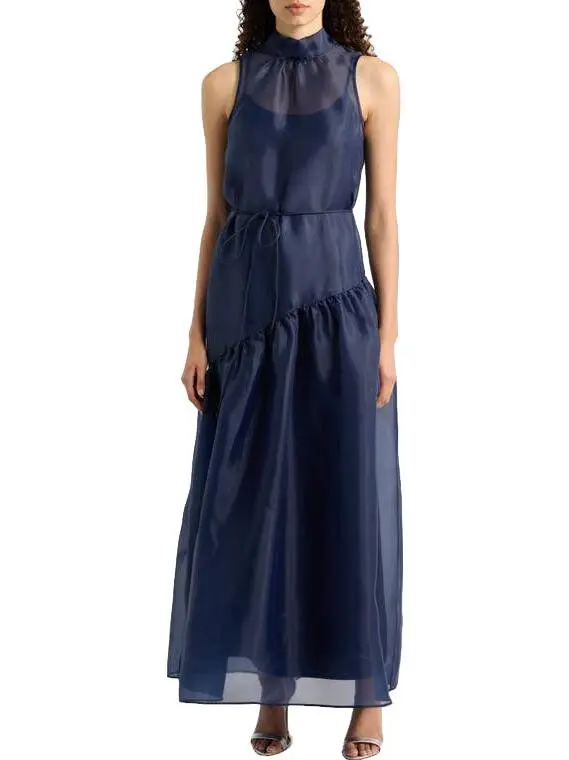 Julia Jordan Tie Neck Organza Overlay Gown - Navy