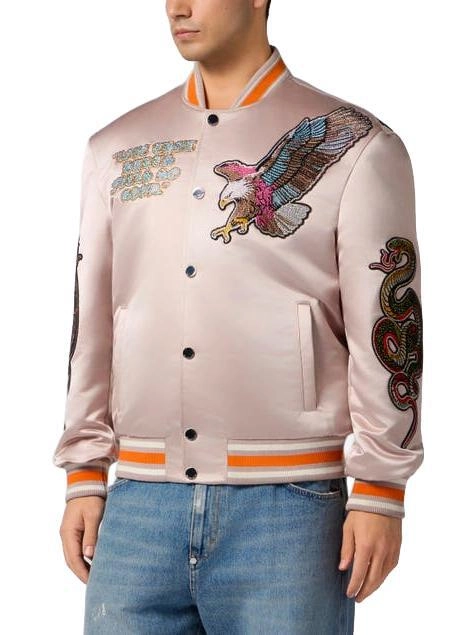 Philipp Plein Shiny Satin Bomber Jacket With Tattoo Patches And Rhinestones - Beige