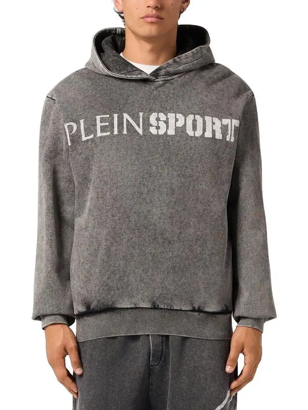 PLEIN SPORT Washed Hoodie With Crackle Scratch Detail - Black
