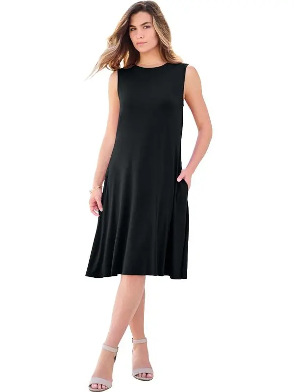 Roaman's Stretch Knit Two-pocket Swing Dress - Black