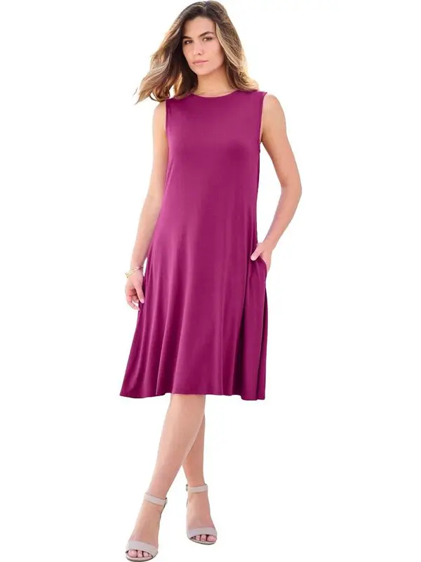 Roaman's Stretch Knit Two-pocket Swing Dress - Raspberry