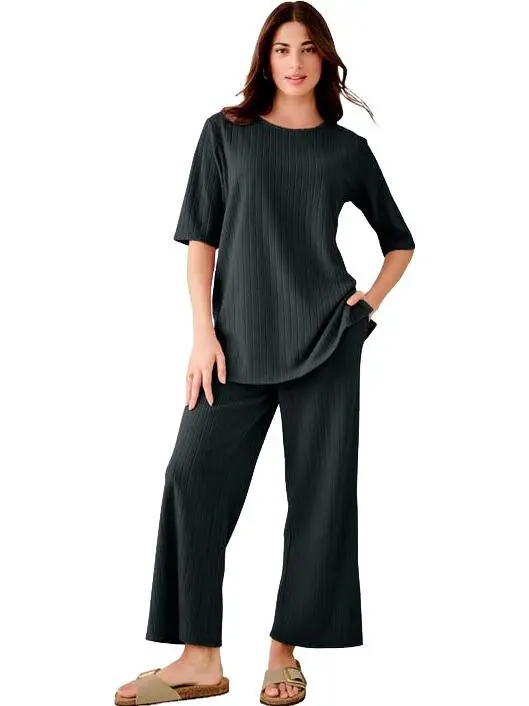 Roaman's Ribbed Knit Cropped Pant Set - Black