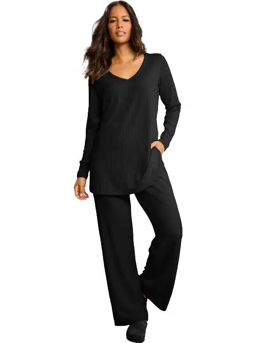 Roaman's Brushed Ribbed V-neck Top And Wide-leg Pant Set - Black
