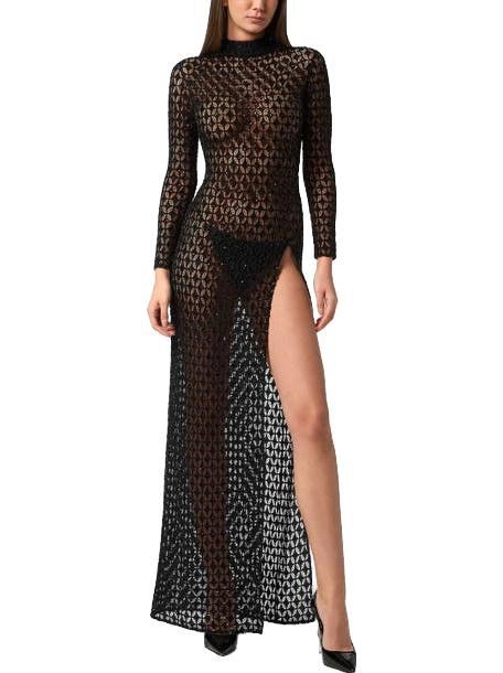 Philipp Plein Embroidered Long Dress With Crystal Embellishments And Slit - Black