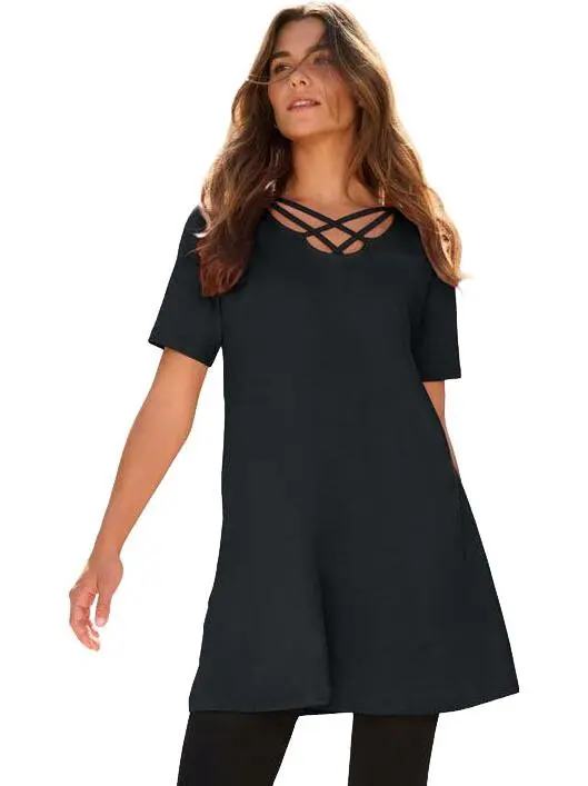 Roaman's Short Sleeve Lattice Neck Tunic - Black