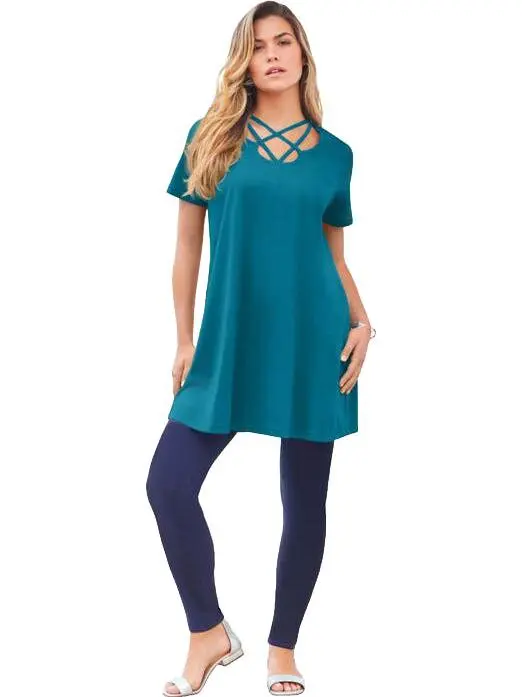 Roaman's Short Sleeve Lattice Neck Tunic - Deep Teal