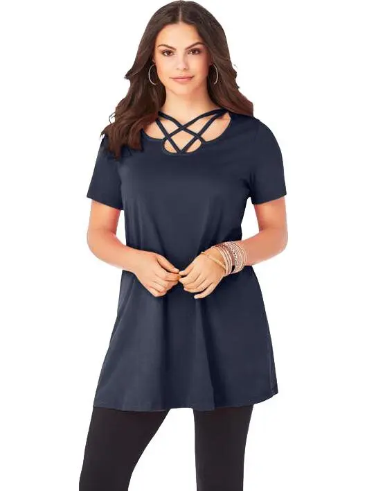 Roaman's Short Sleeve Lattice Neck Tunic - Navy
