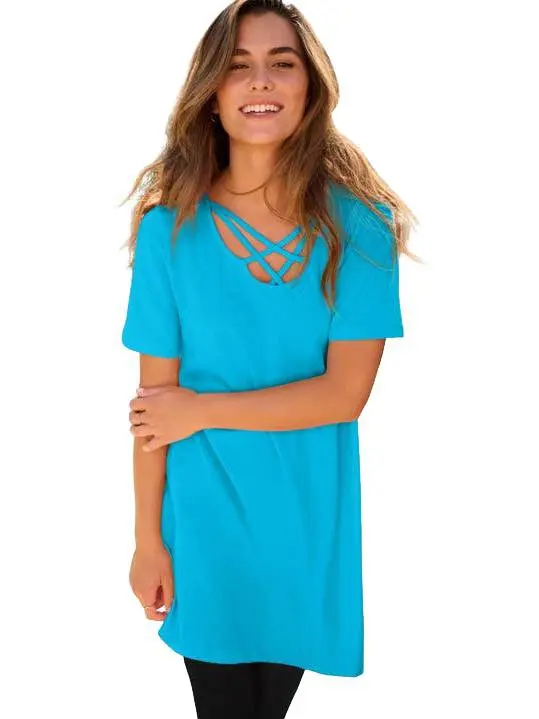 Roaman's Short Sleeve Lattice Neck Tunic - Ocean