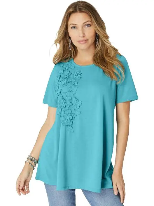 Roaman's 3d Appliqued Swing Tee - Soft Turquoise