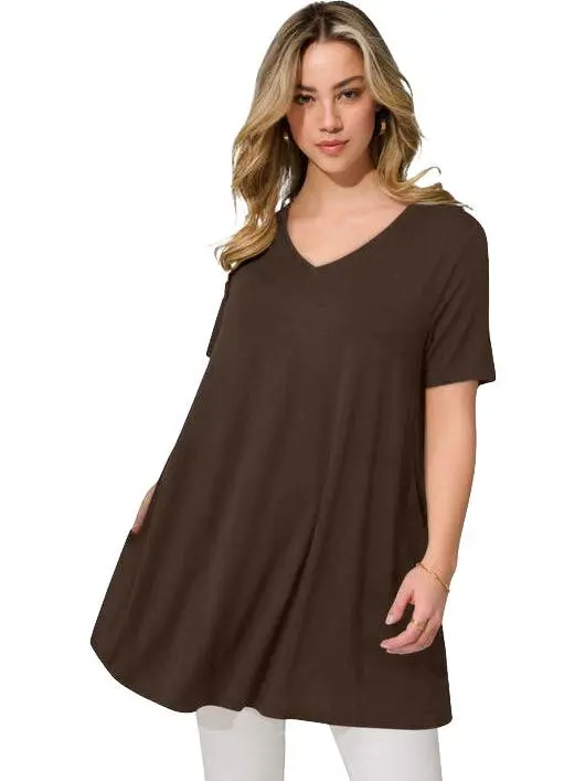 Roaman's Ultra Drape V-neck Short Sleeve Swing Tunic - Chocolate