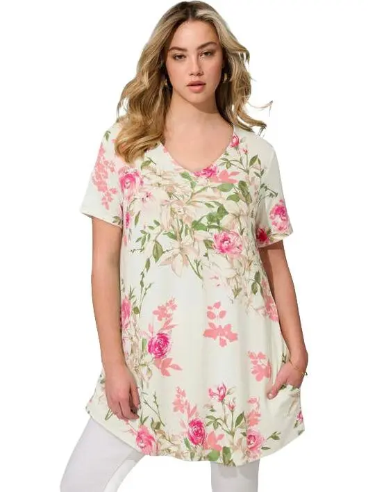 Roaman's Ultra Drape V-neck Short Sleeve Swing Tunic - White Romantic Rose