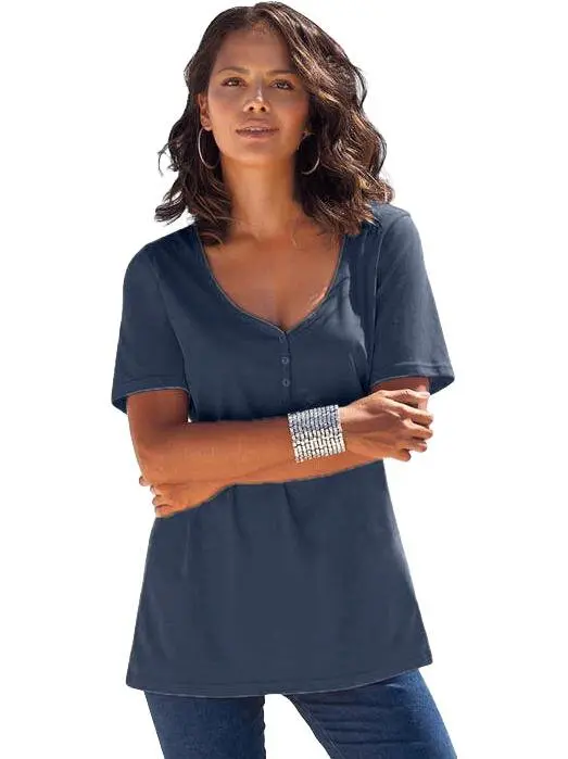 Roaman's Short Sleeve Sweetheart Henley Tee - Navy