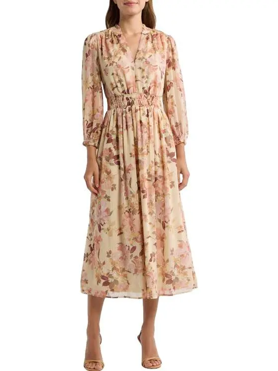 Anne Klein Floral Metallic Stripe Midi Dress - Macadamia Multi
