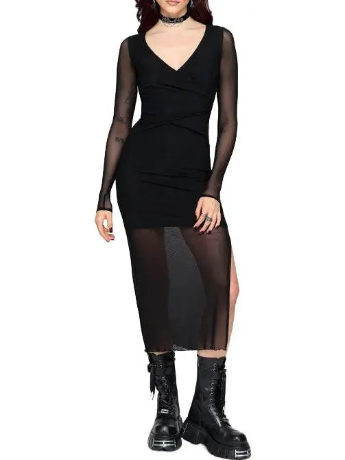DISTURBIA Zillah Ruched Wrap Mesh Midi Dress - Black