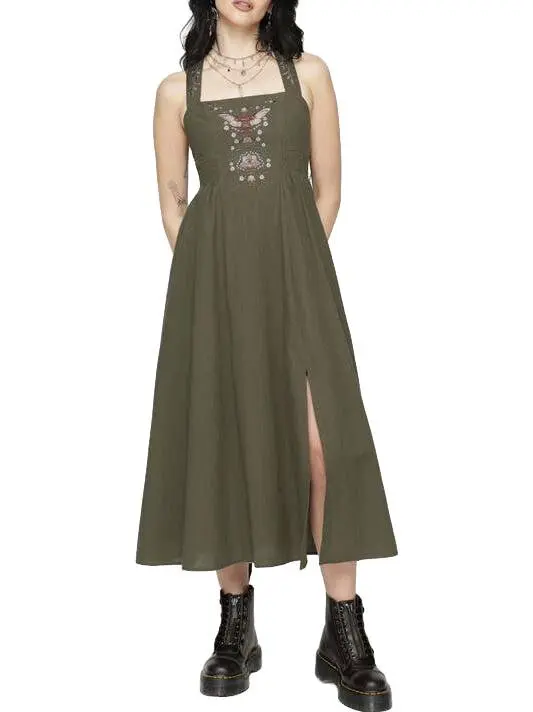 DISTURBIA Siora Folklore Embroidered Midi Dress - Green