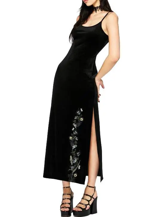 DISTURBIA Velour Maxi Dress With Embroidery And Slit - Black