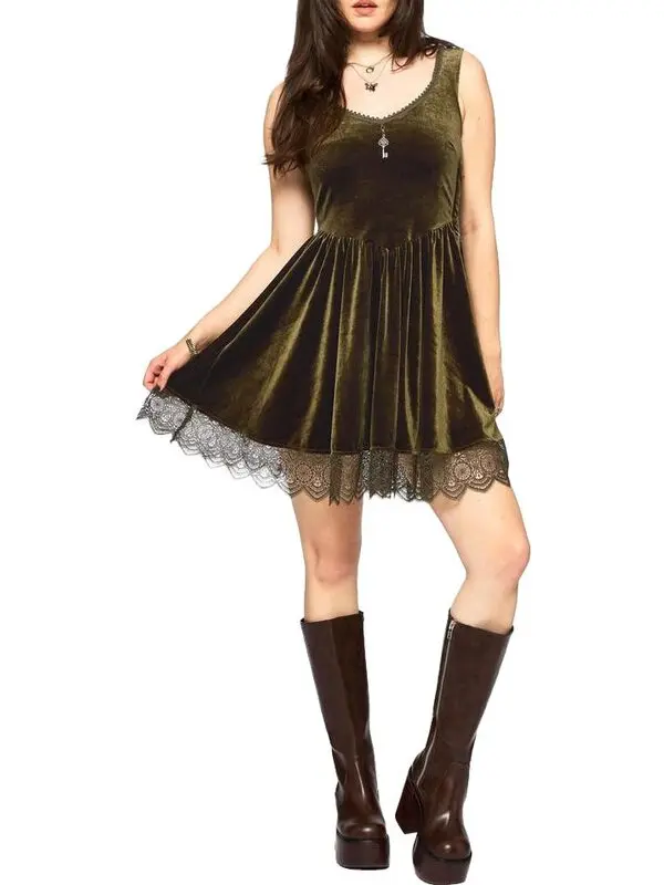 DISTURBIA Orbweb Lace Hem Velour Mini Dress - Green