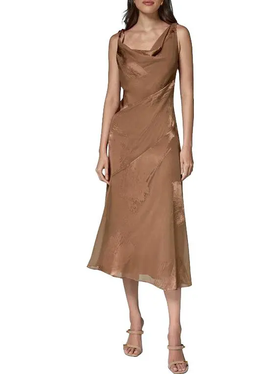 Donna Karan New York Satin Burnout Cowl Neck Cocktail Dress - Camel