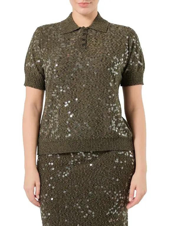 Marina Rinaldi Panno Sequin Knit Polo - Kaki