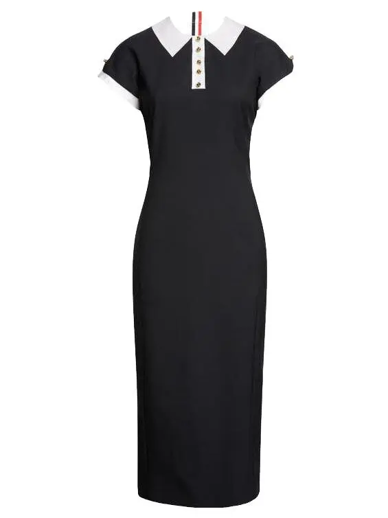 Thom Browne Wool Hopsack Trompe L'oeil Polo Dress - Navy
