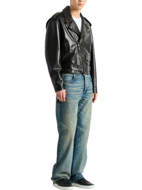 Balmain Textured Leather Biker Jacket - Black
